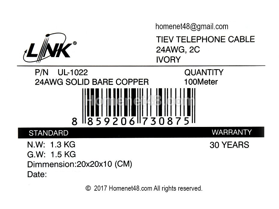 สายโทรศัพท์ 4Core LINK (UL-1024) 0.5Sq.mm ยกม้วน - homenet48
