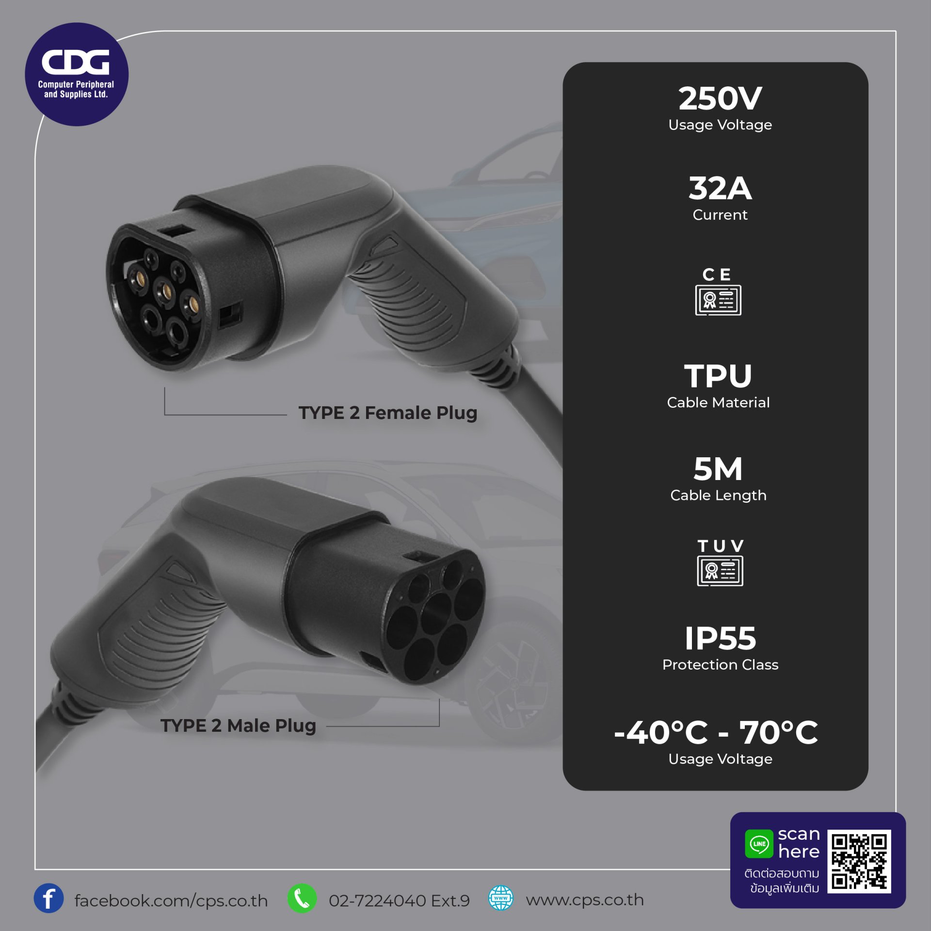 Type 2 to Type 2 32A Single Phase EV Charging Cable (Length 10 M.) - cps