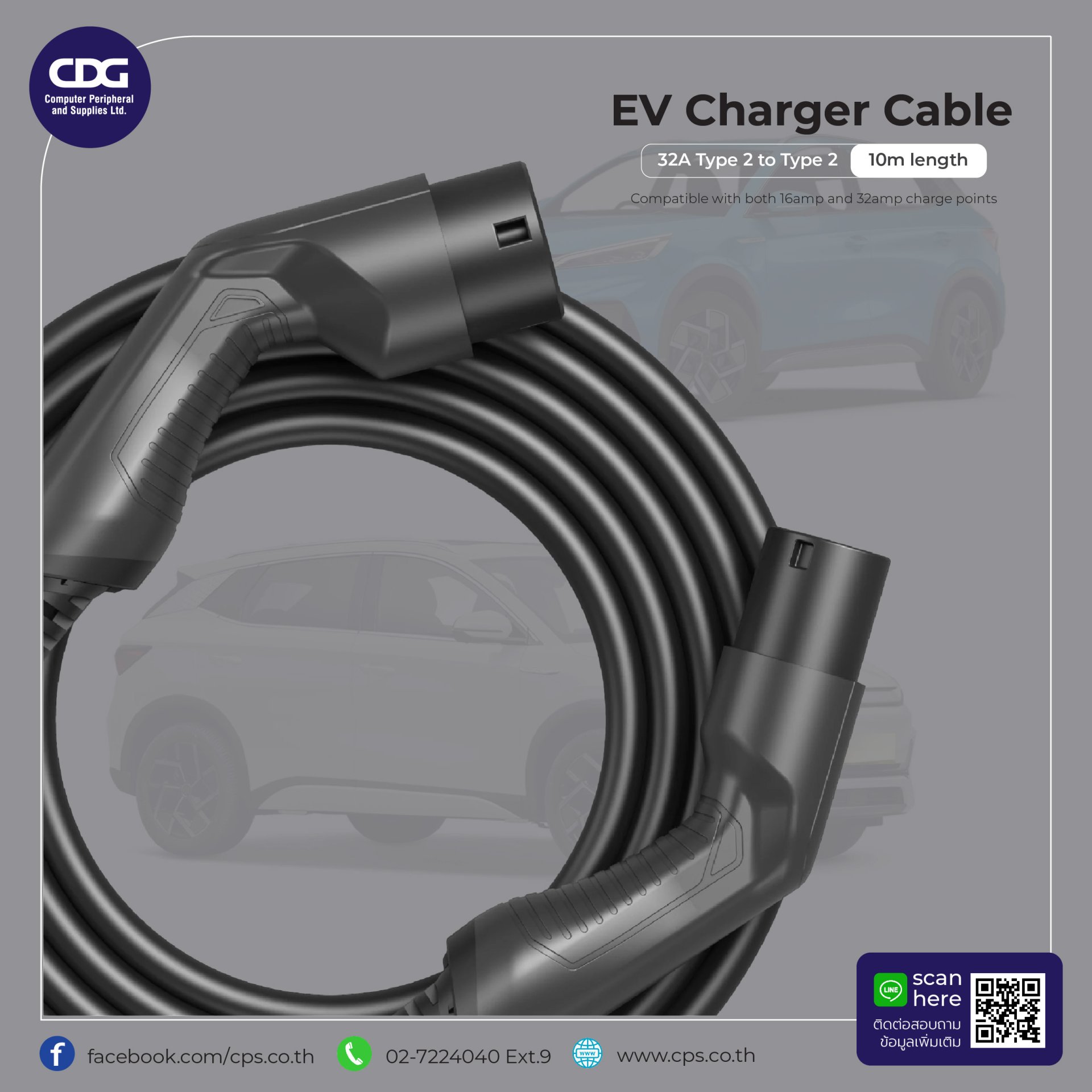 Type 2 to Type 2 32A Single Phase EV Charging Cable (Length 10 M.) - cps