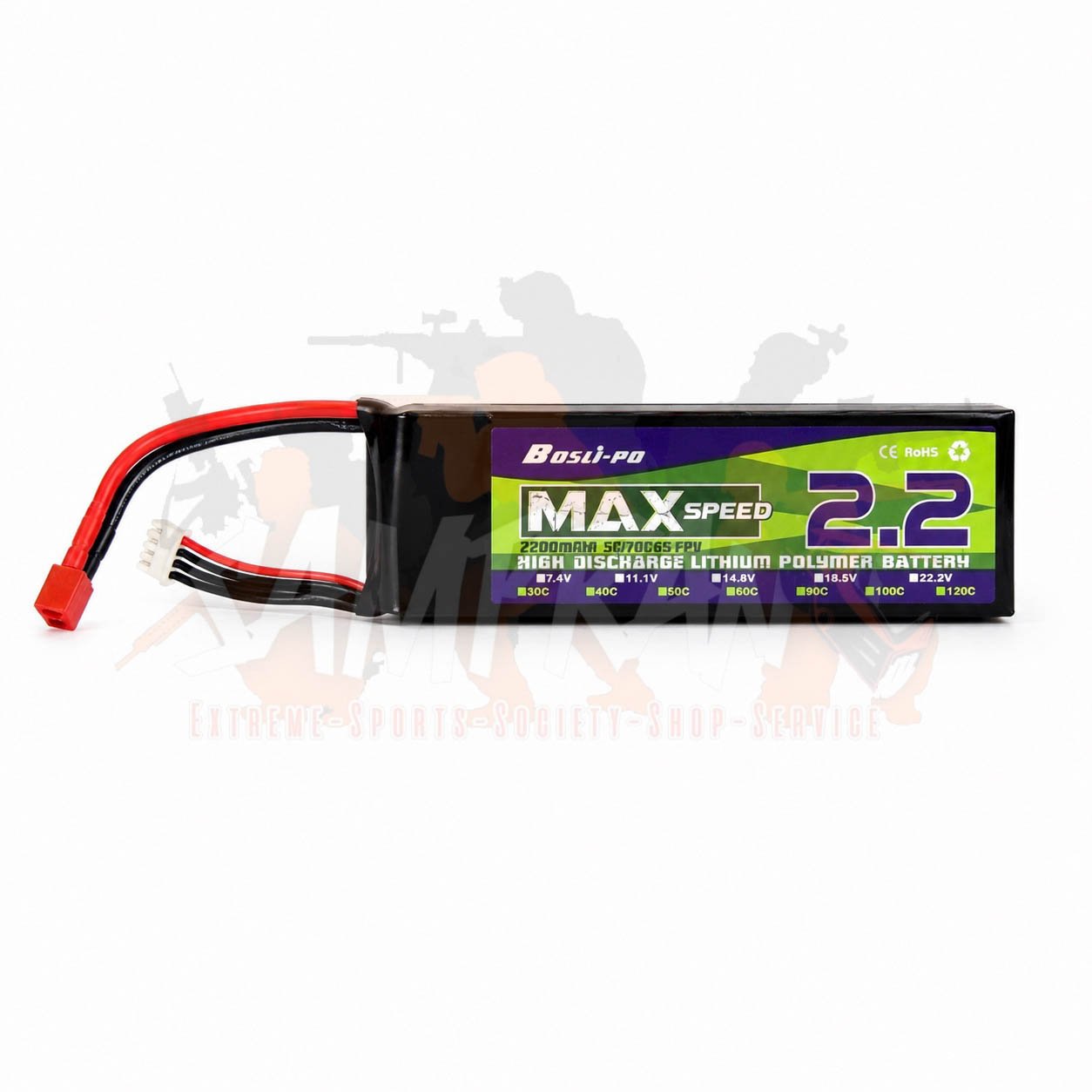 แบตเตอรี่ ยี่ห้อ Bos Li-po รุ่น Max Speed 2.2 (25c 2200mAh 11.1V T Deans.)